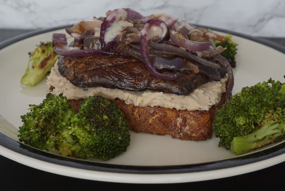 Open Faced Portobello Sandwich with White Bean Thyme Puree